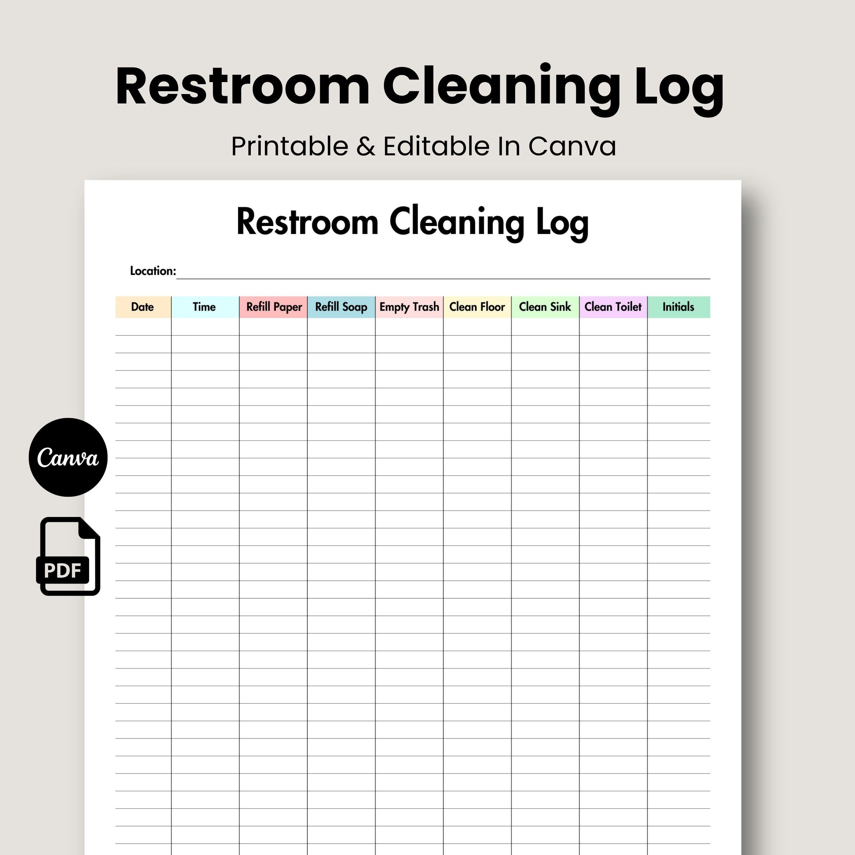 Restroom Cleaning Log Colorful, Commercial Cleaning Log Sheet, Editable ...