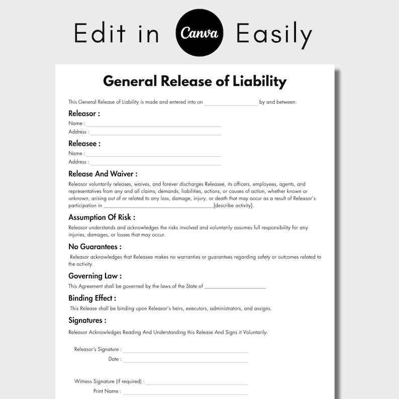 One Page General Release of Liability, Editable Hold Harmless Template ...