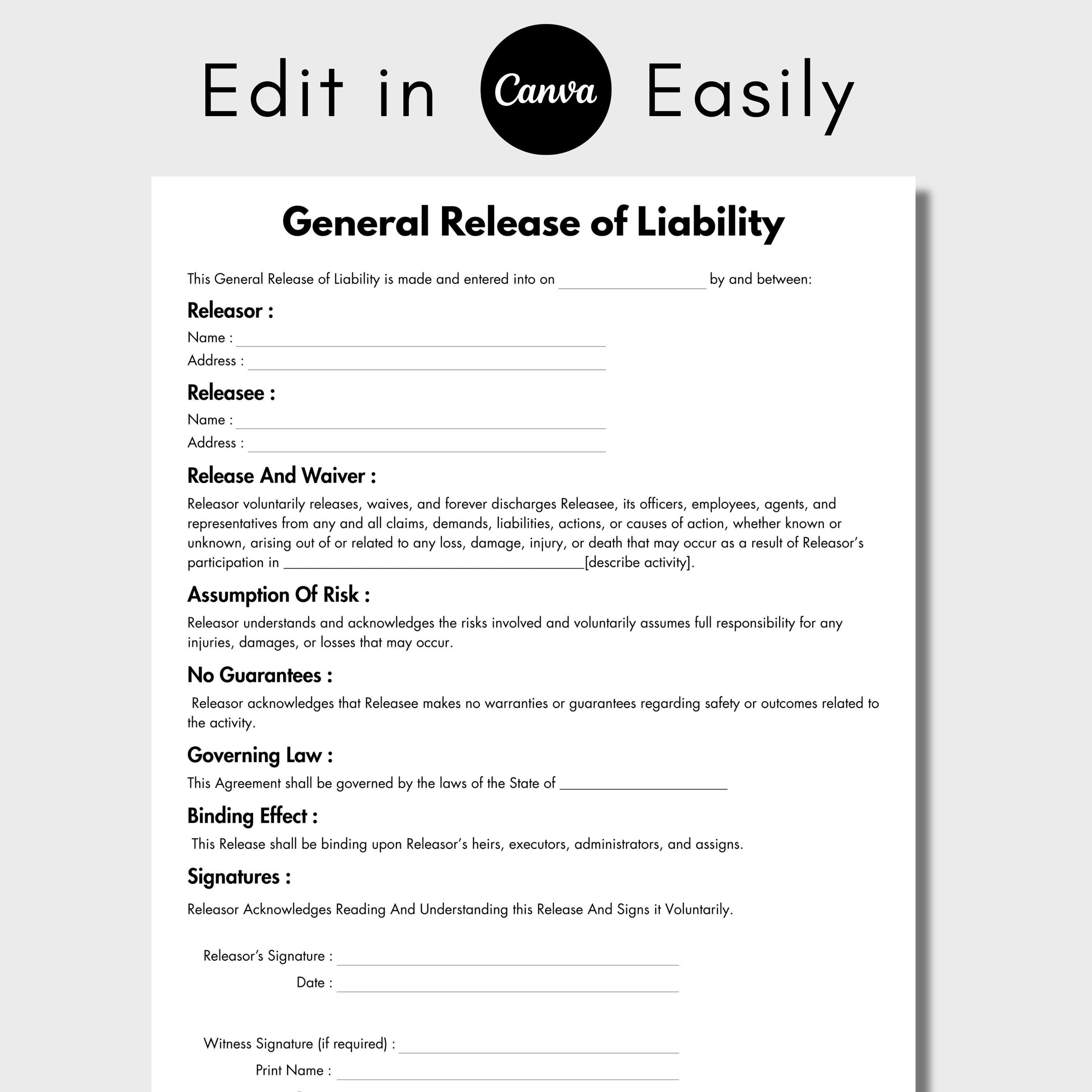 One Page General Release of Liability, Editable Hold Harmless Template ...