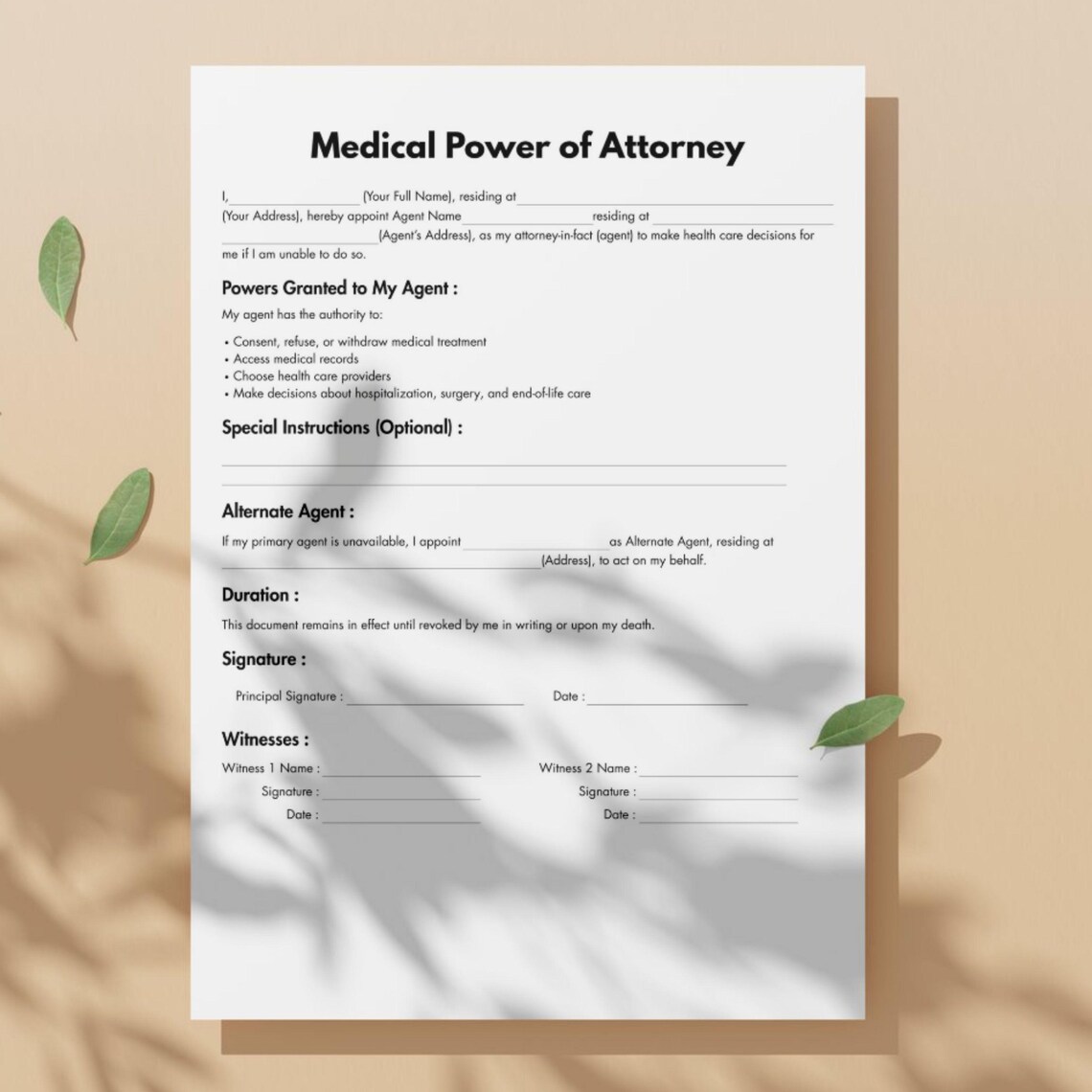 One Page Medical Power of Attorney, Editable Healthcare Authority ...