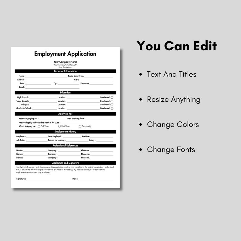 Editable Employee Application, Printable Application for Employment ...