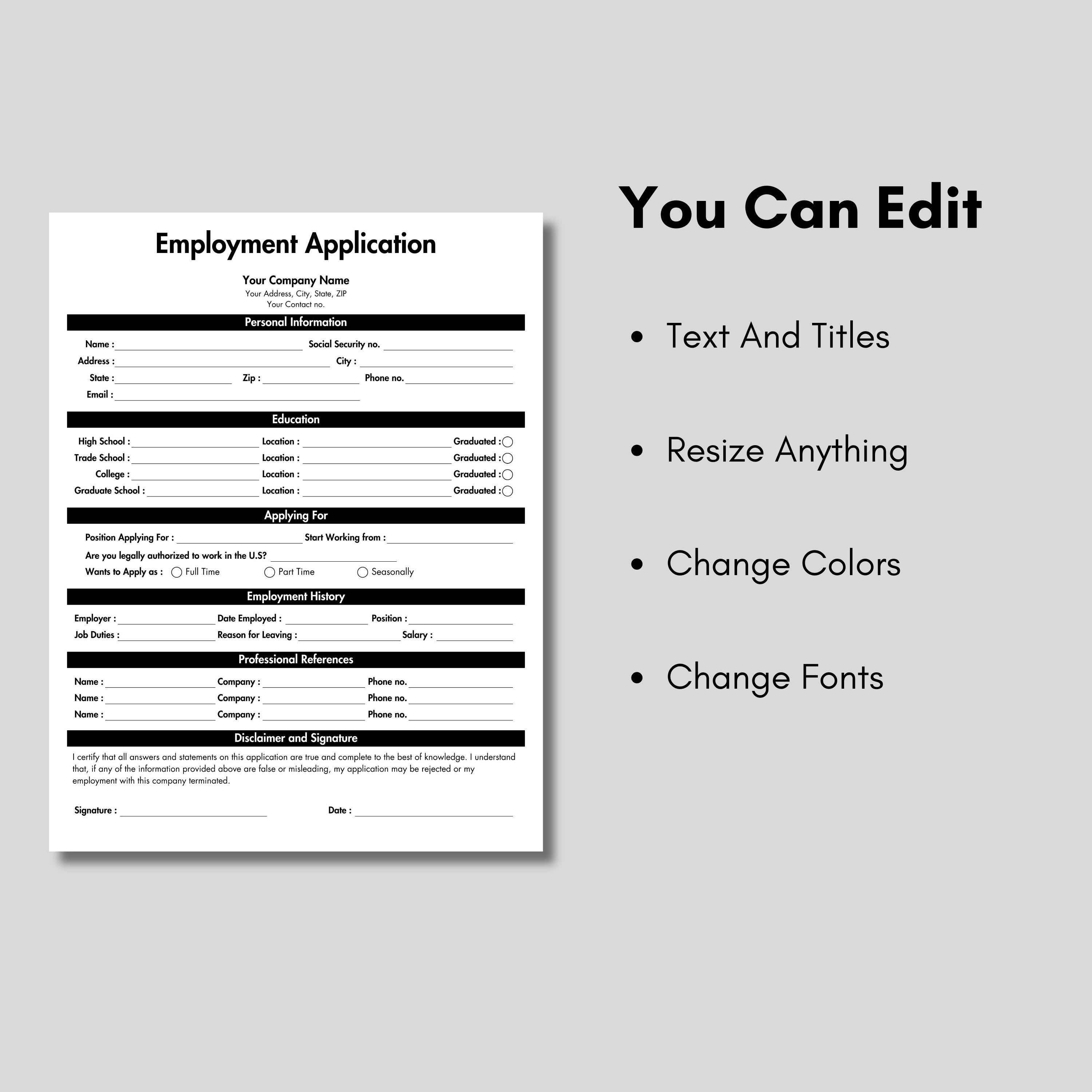 Editable Employee Application, Printable Application for Employment ...