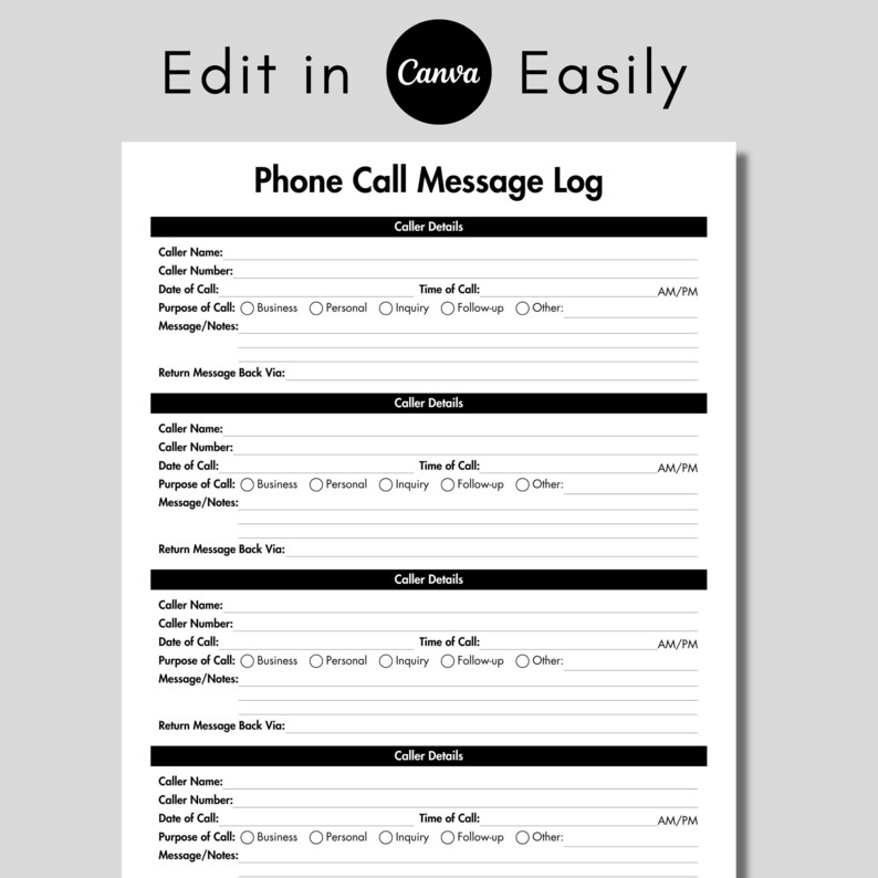 Phone Call Message Log Template Black, Communication Log Form ...