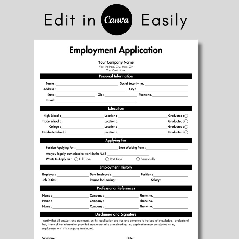 Editable Employee Application, Printable Application for Employment ...
