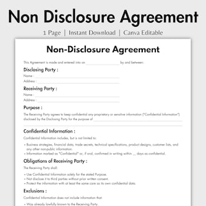 One Page Non Disclosure Agreement, Editable Confidential Disclosure ...