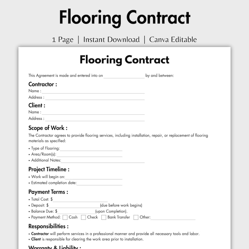 One Page Flooring Contract, Editable Flooring Installation Contract ...