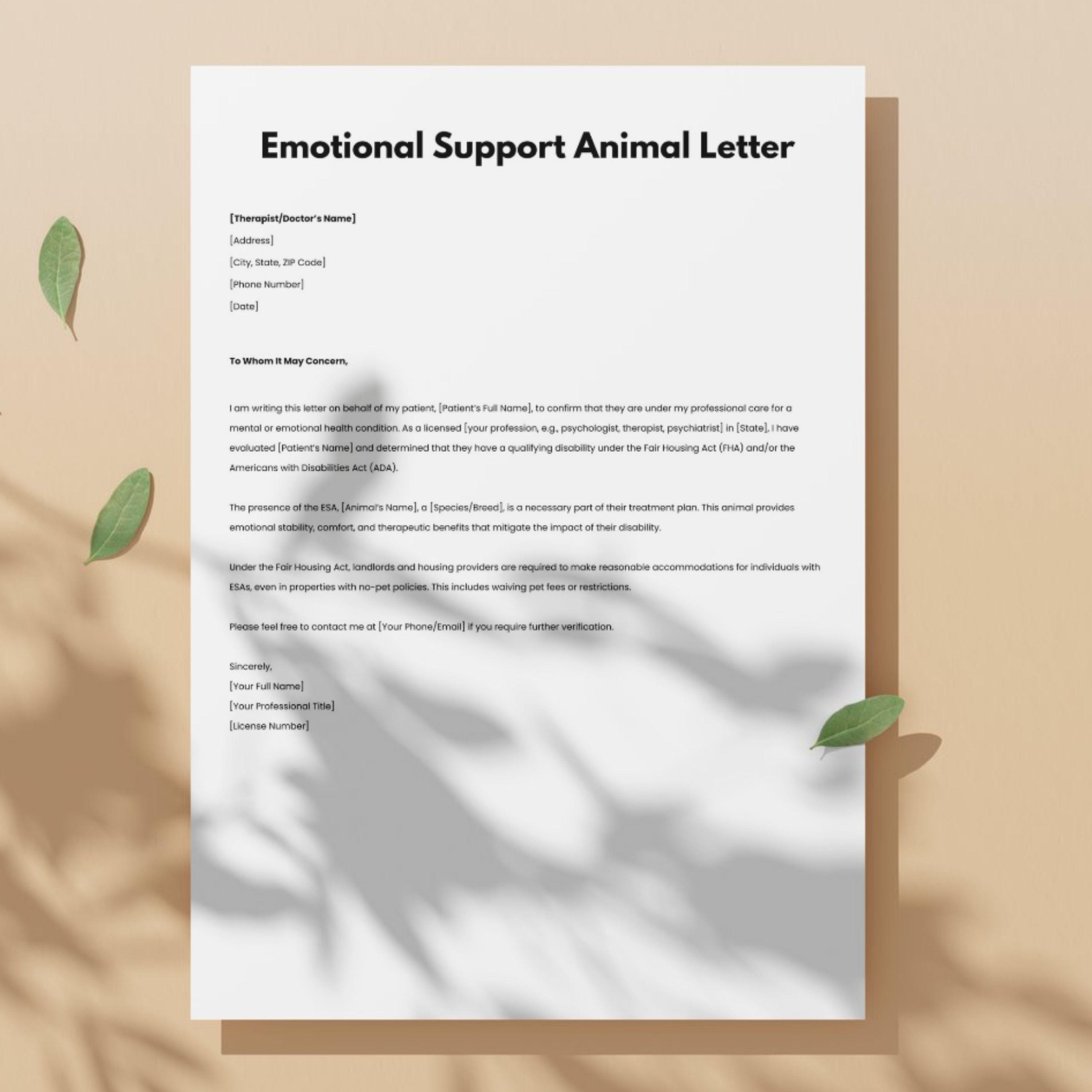 Editable Emotional Support Animal Letter, Printable ESA Letter Template ...