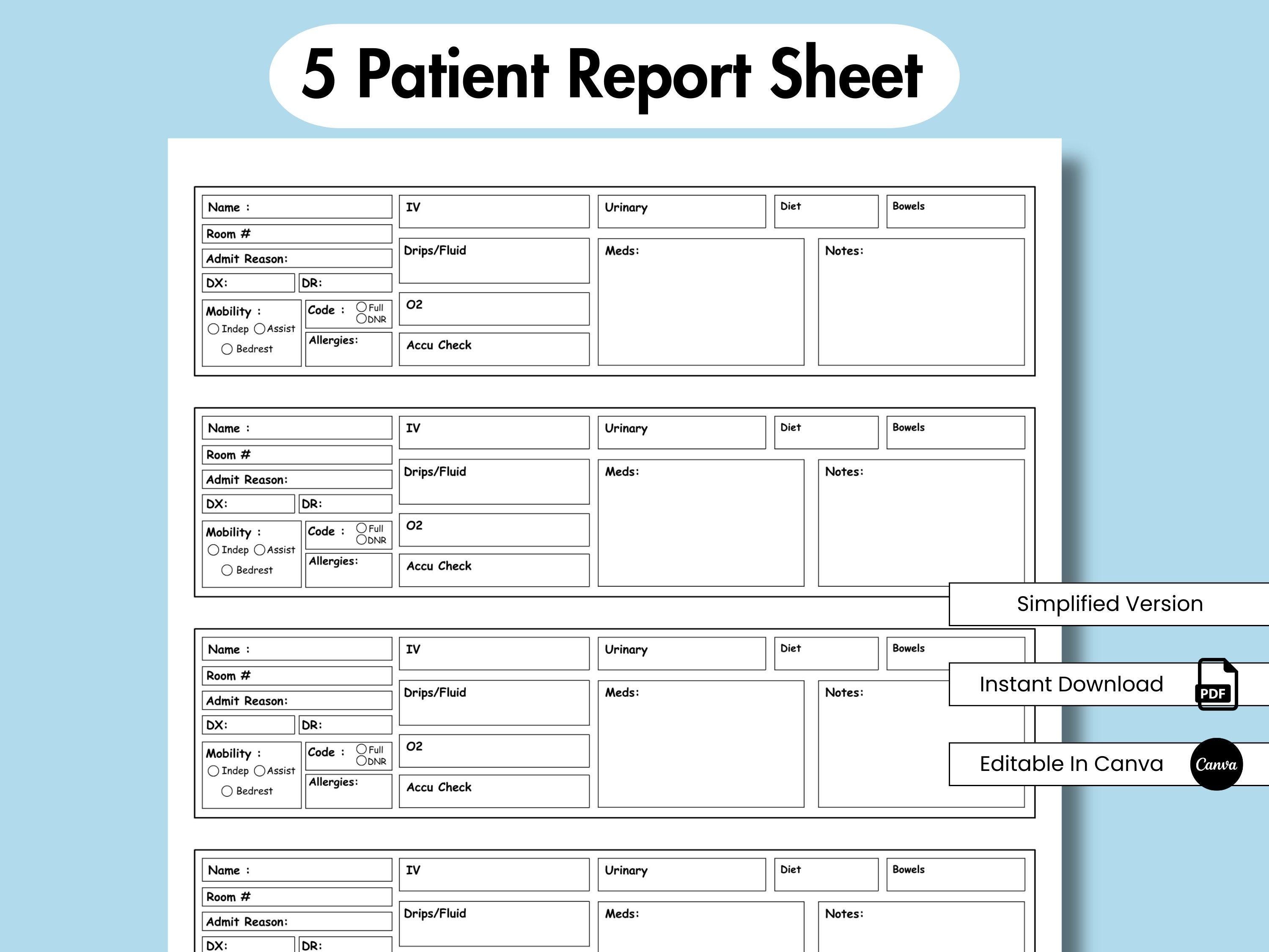5 Patient Nursing Report Sheet, Nurse Brain Sheet, Printable Nurse Med ...
