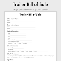 Trailer Bill of Sale, W/receipt Form - Print and Go - Etsy