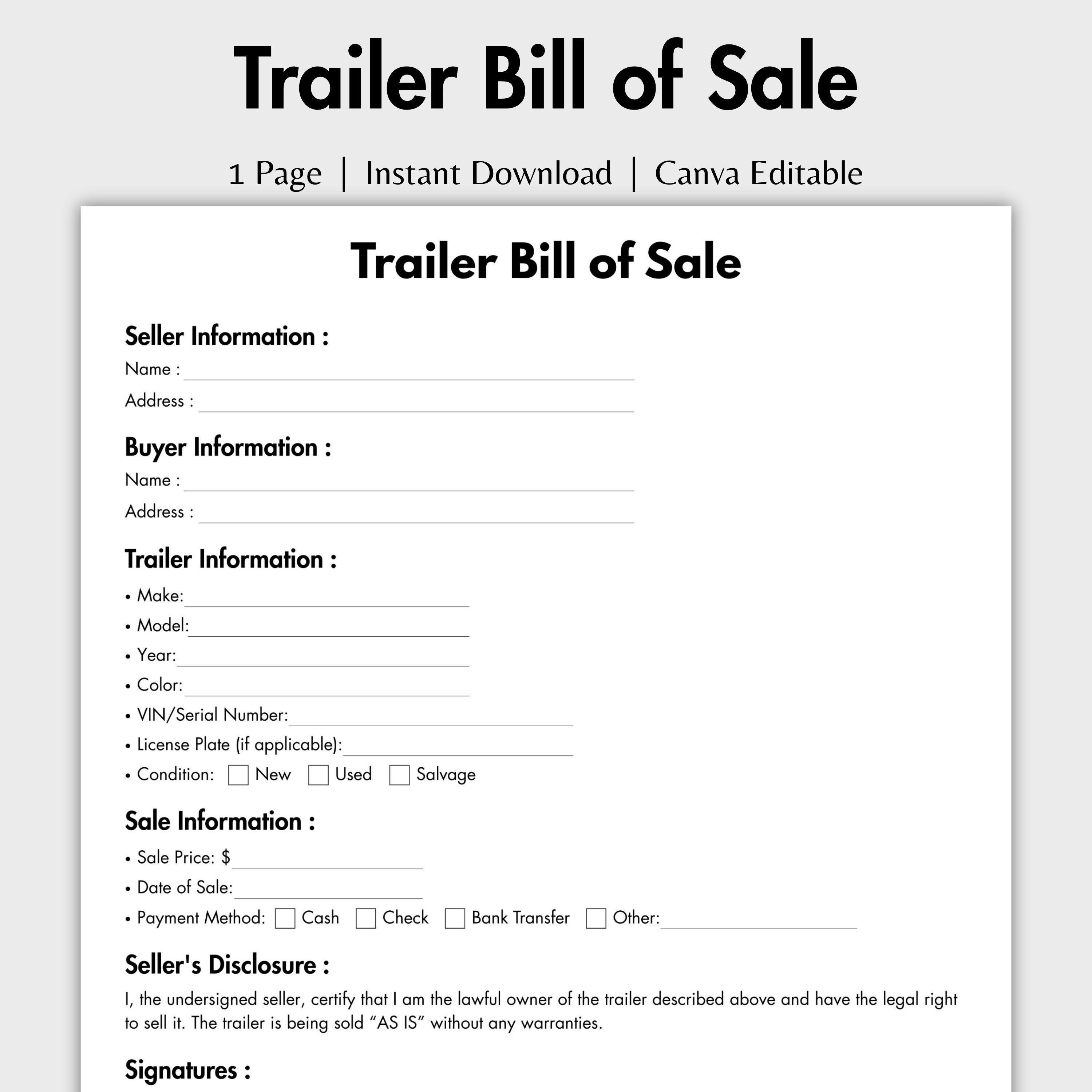 One Page Trailer Bill of Sale, Editable Trailer Contract Form Template ...