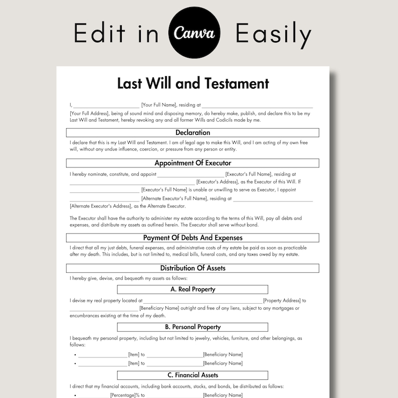 Last Will and Testament Template | Editable & Printable | Legal ...