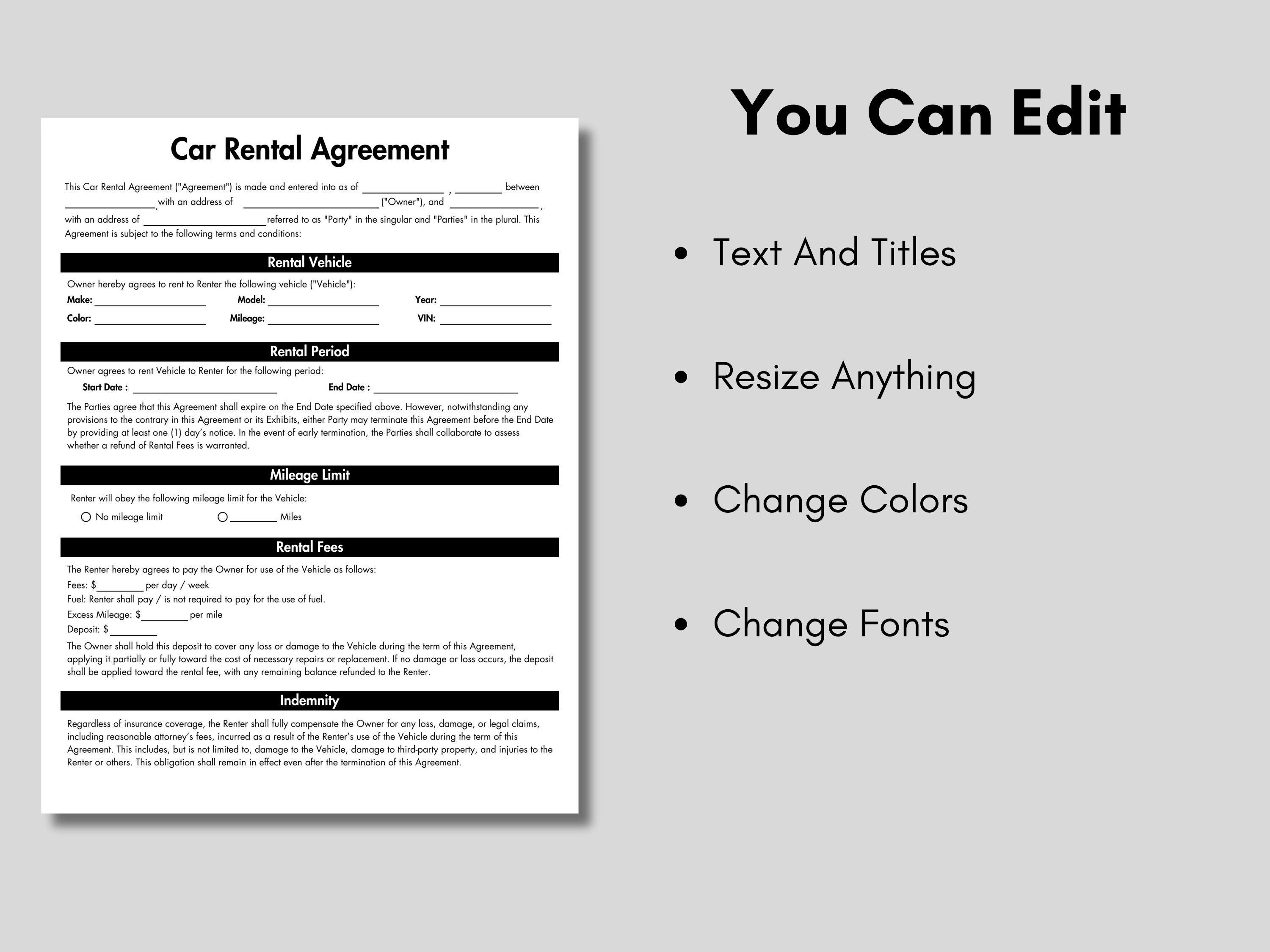 Editable Car Rental Agreement Template, Car Rental Contract, Printable ...