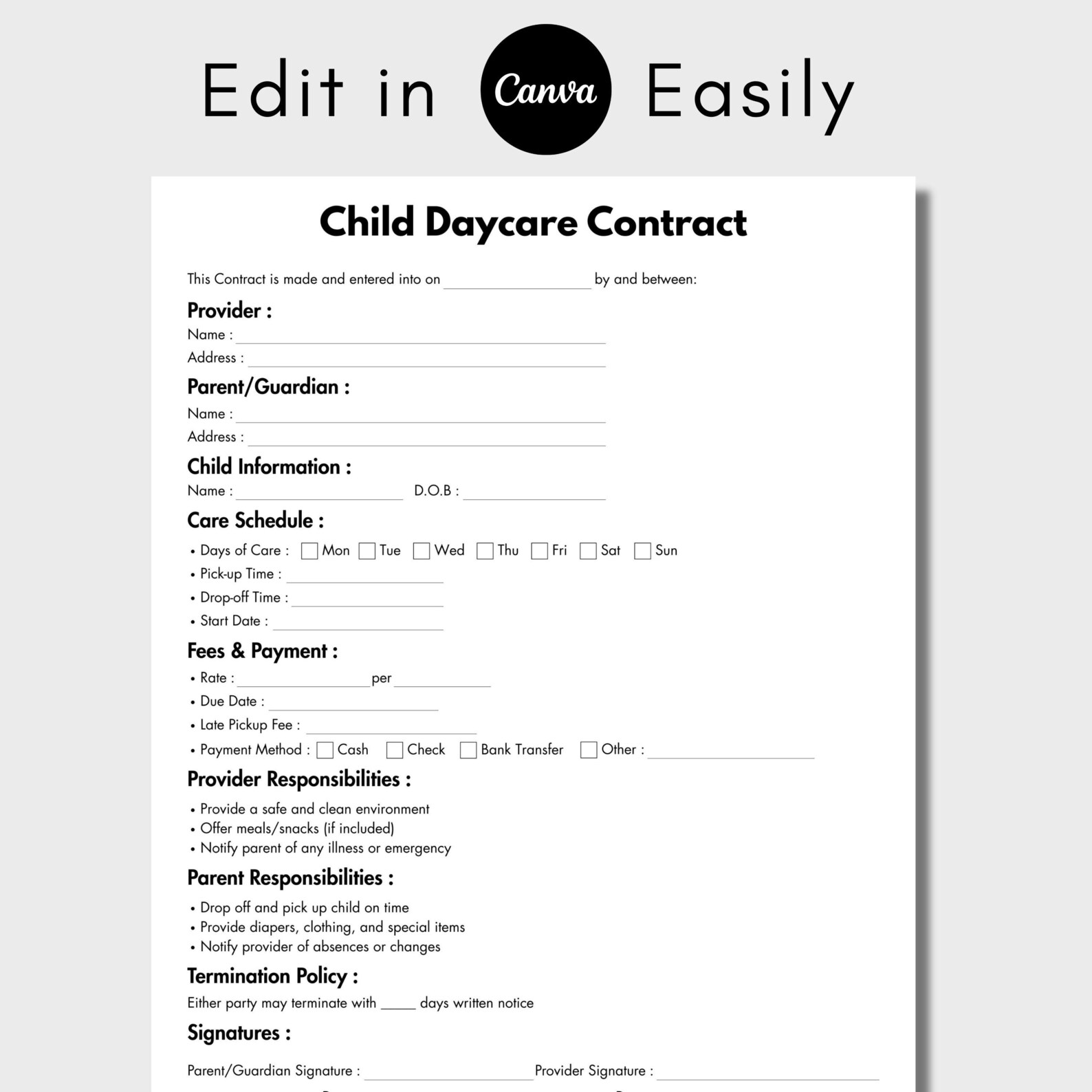 One Page Child Daycare Contract, Editable Daycare Paperwork Form ...