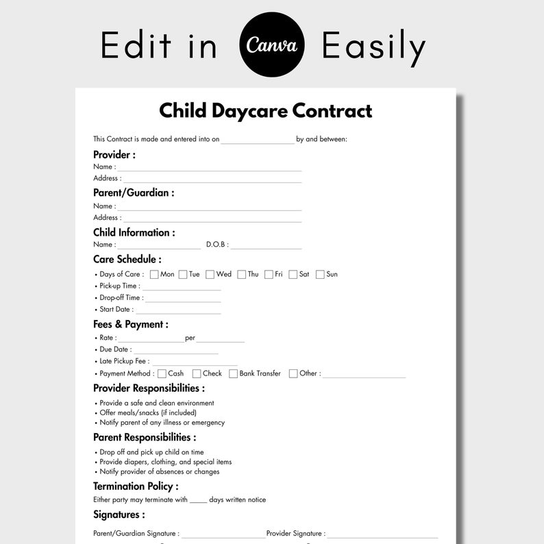 One Page Child Daycare Contract, Editable Daycare Paperwork Form ...