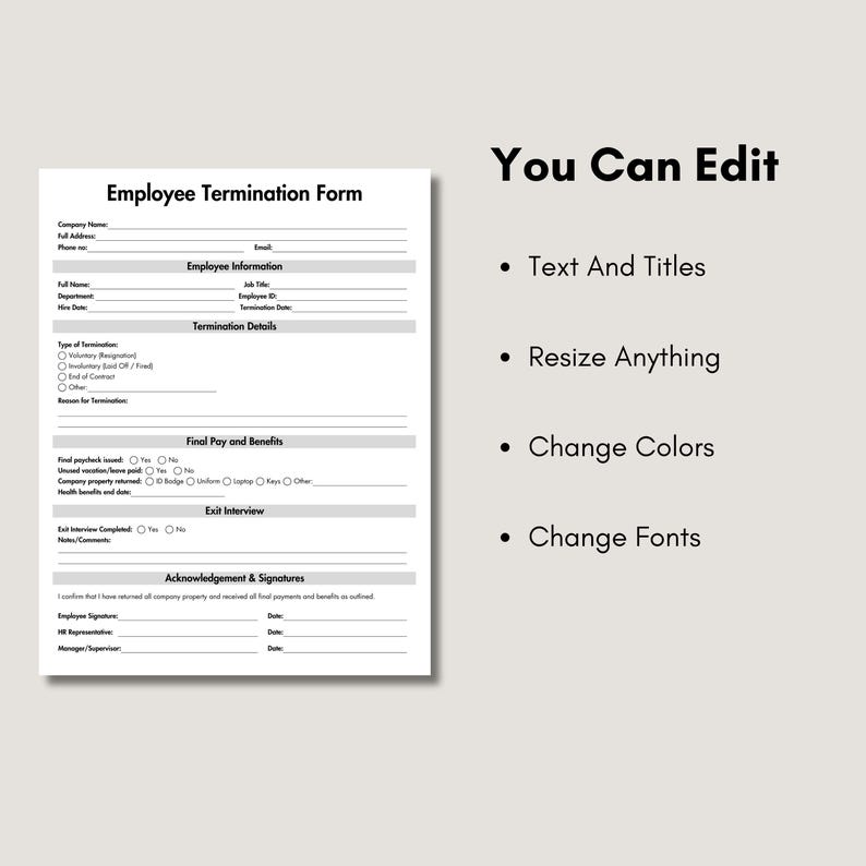 Employee Termination Form Template, Editable HR Terminate Employee Form, Employee Termination ...