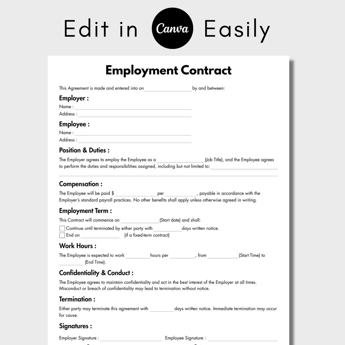 One Page Employment Contract, Editable Employment Service Contract ...