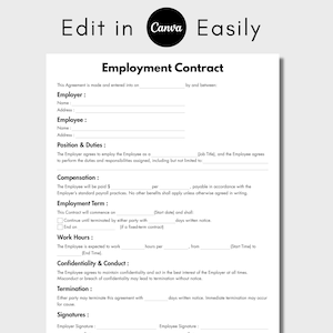 One Page Employment Contract, Editable Employment Service Contract ...