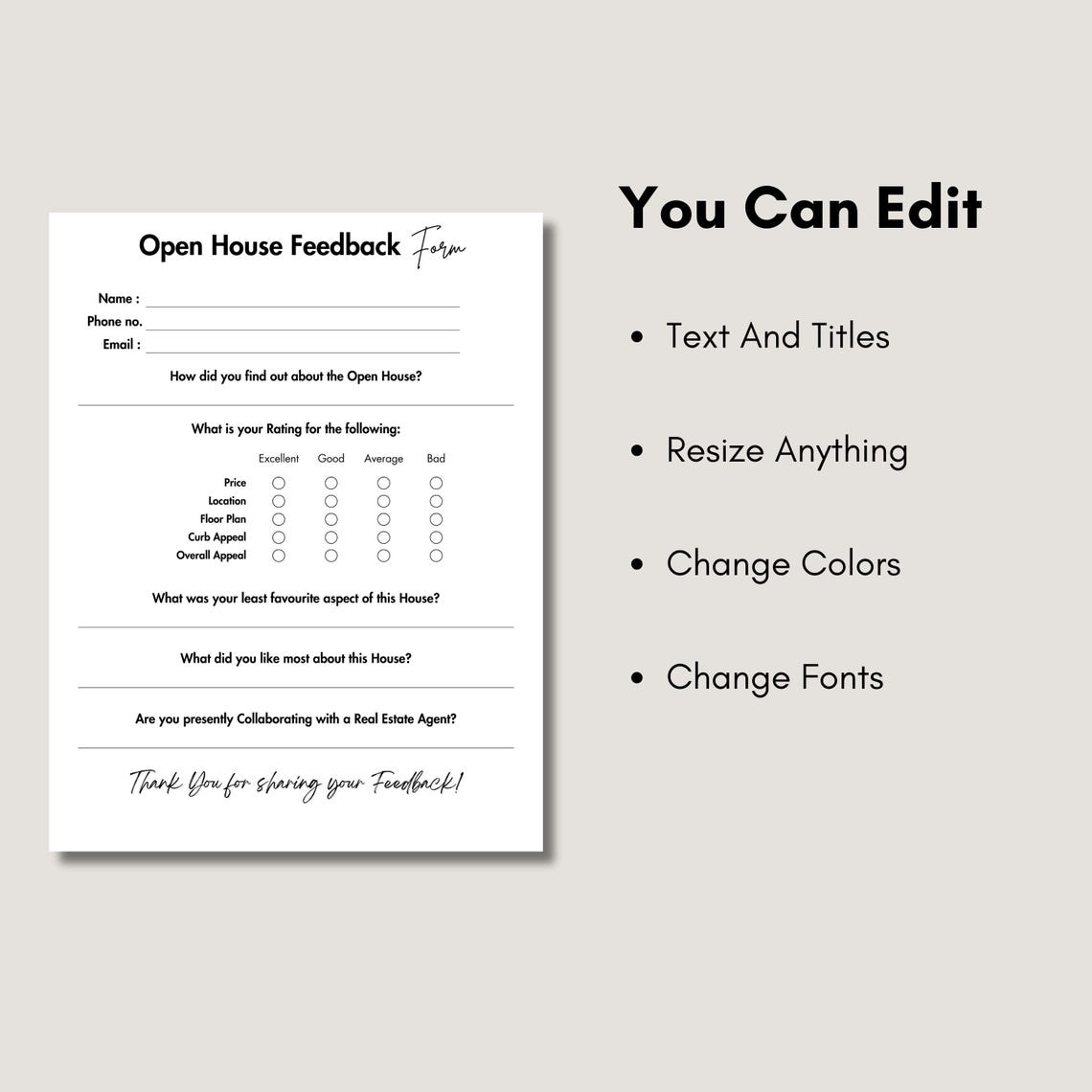 Open House Feedback Form, Printable & Editable Real Estate Open House ...