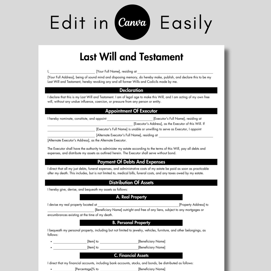 Editable Last Will and Testament Template | Printable Legal Testament ...