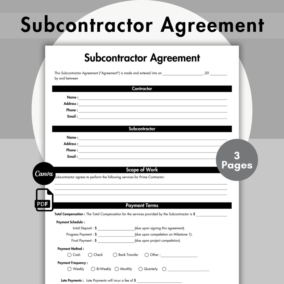 Editable Subcontractor Agreement Template, Printable Job Subcontractor Agreement Forms ...
