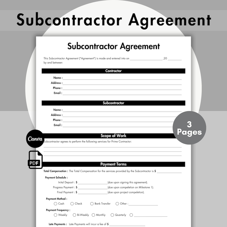 Editable Subcontractor Agreement Template, Printable Job Subcontractor ...