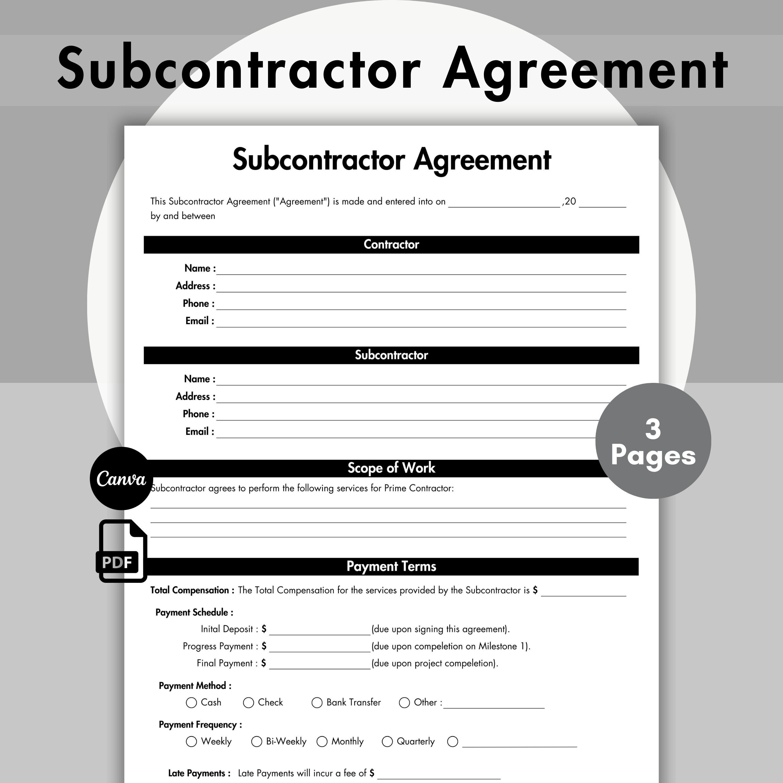 Editable Subcontractor Agreement Template, Printable Job Subcontractor ...