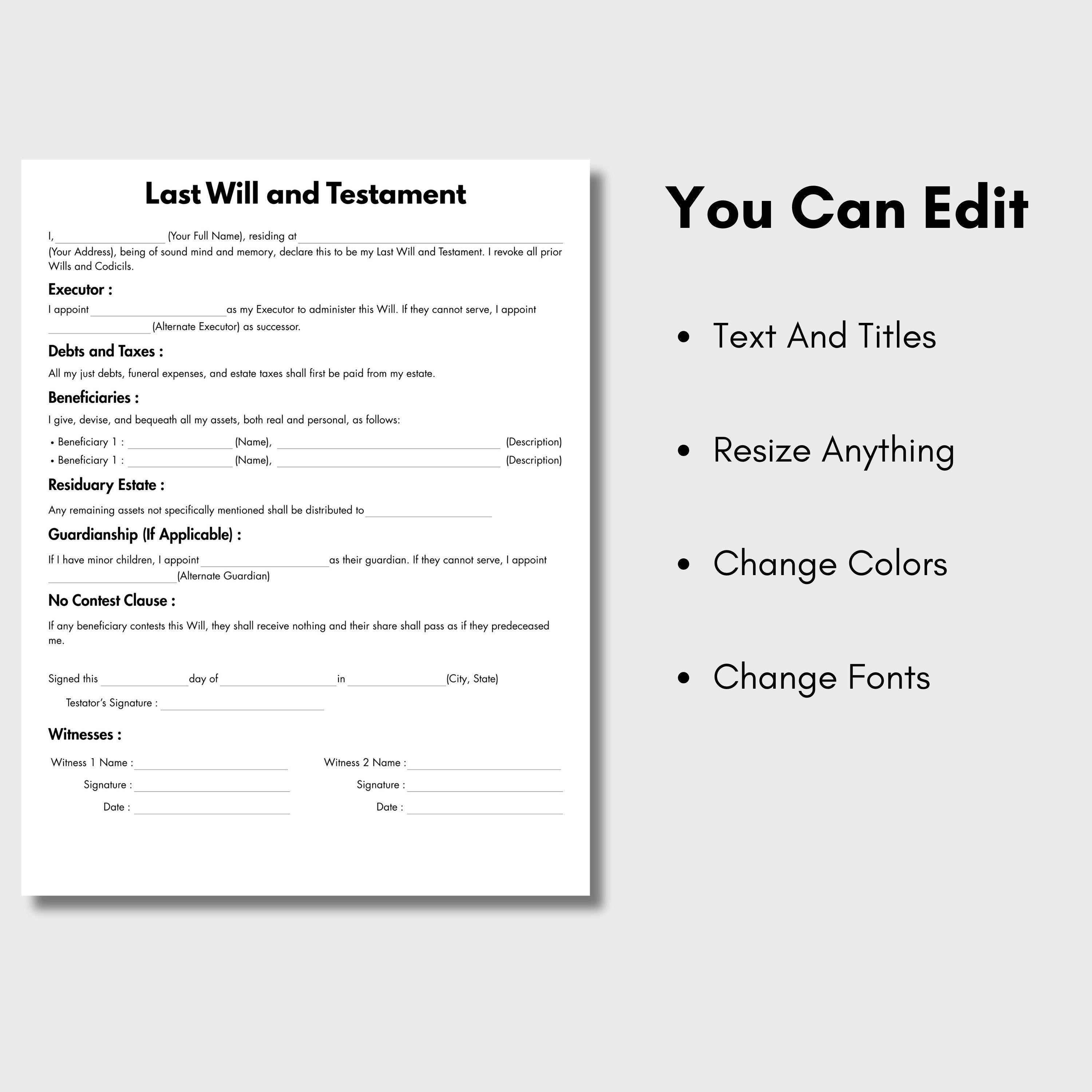 One Page Last Will and Testament, Editable Testament Form Template ...