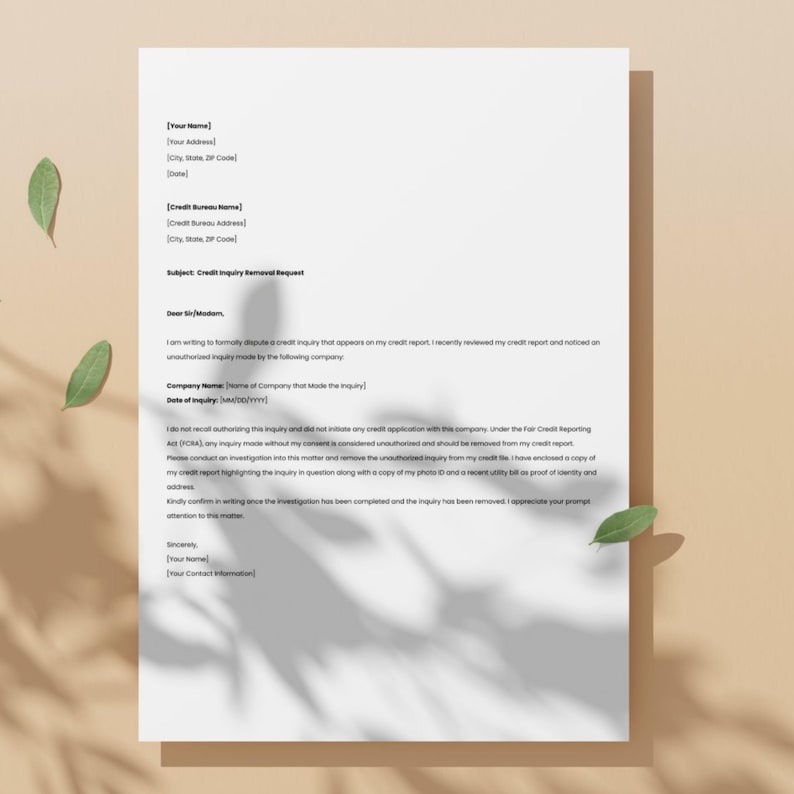Editable Credit Inquiry Removal Letter, Printable Credit Repair Letter ...