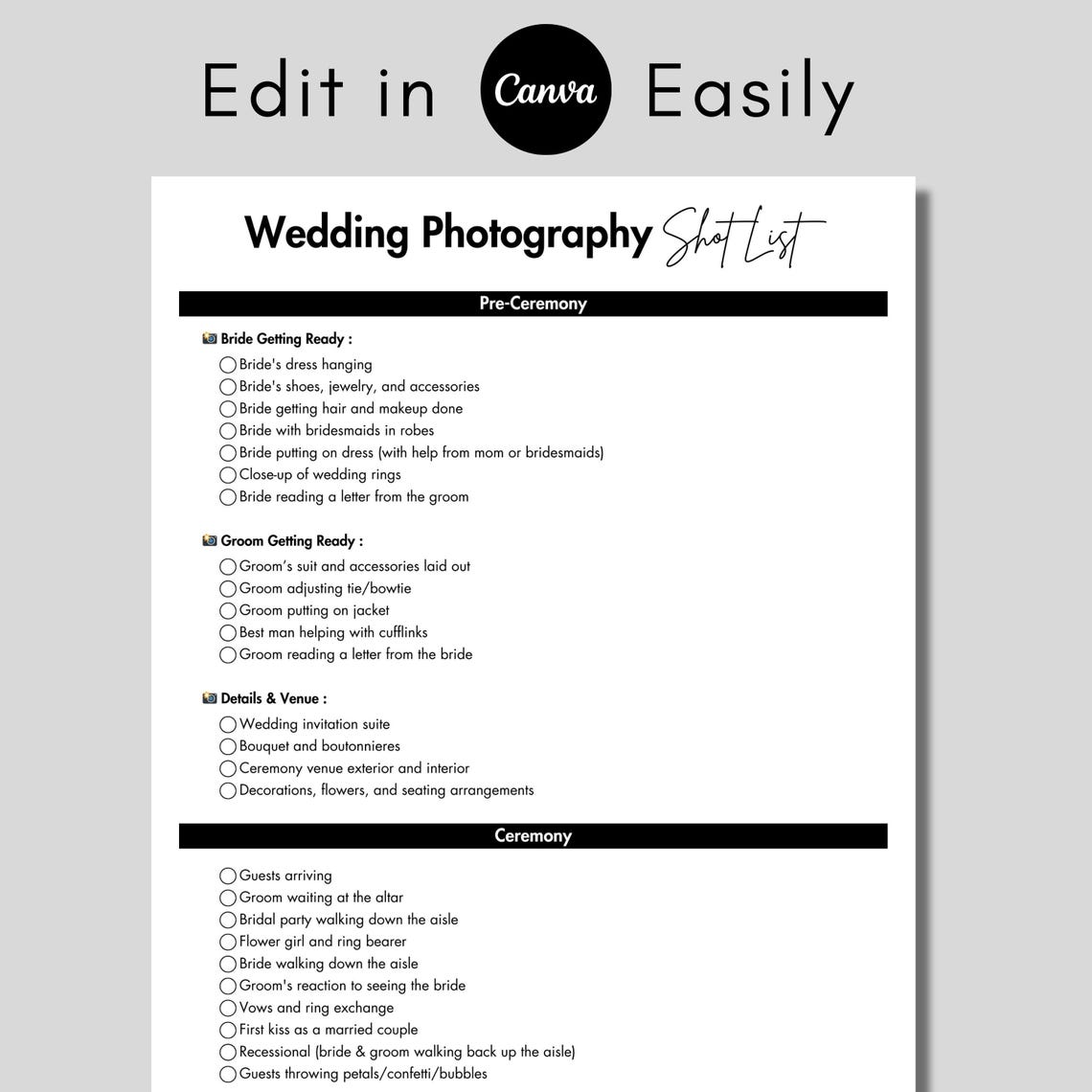 Editable Wedding Photography Shot List, Printable Wedding Planner List ...