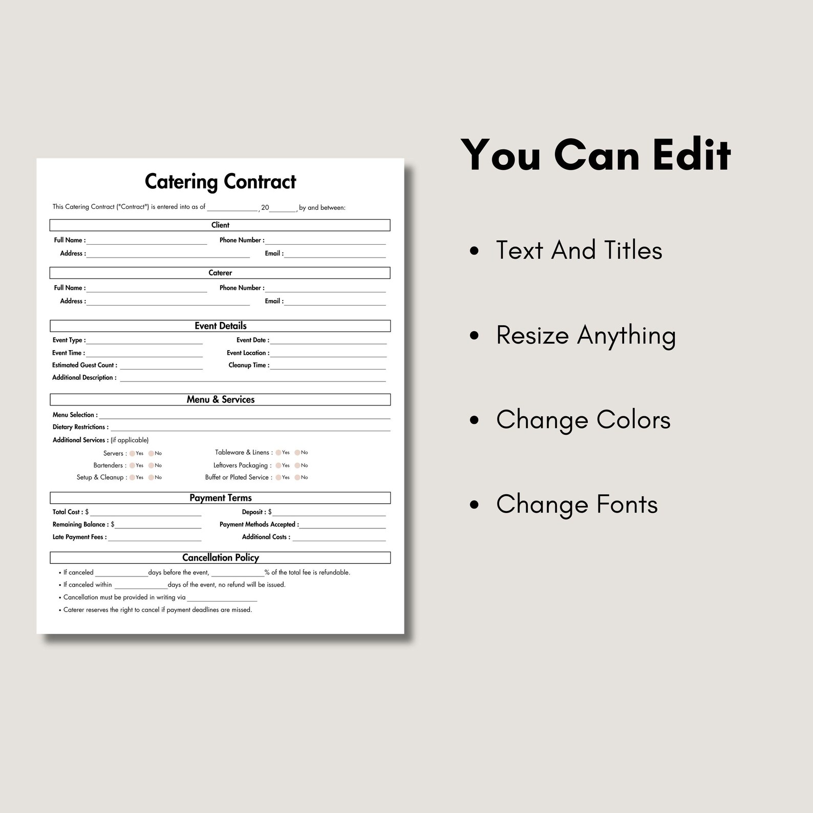 Editable Catering Contract Template, Catering Service Contract ...