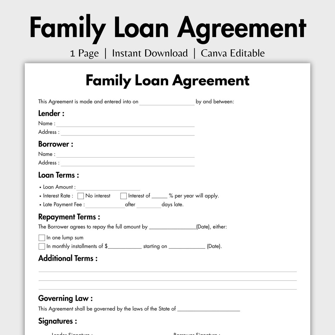 One Page Family Loan Agreement, Editable Family Loan Contract Form ...