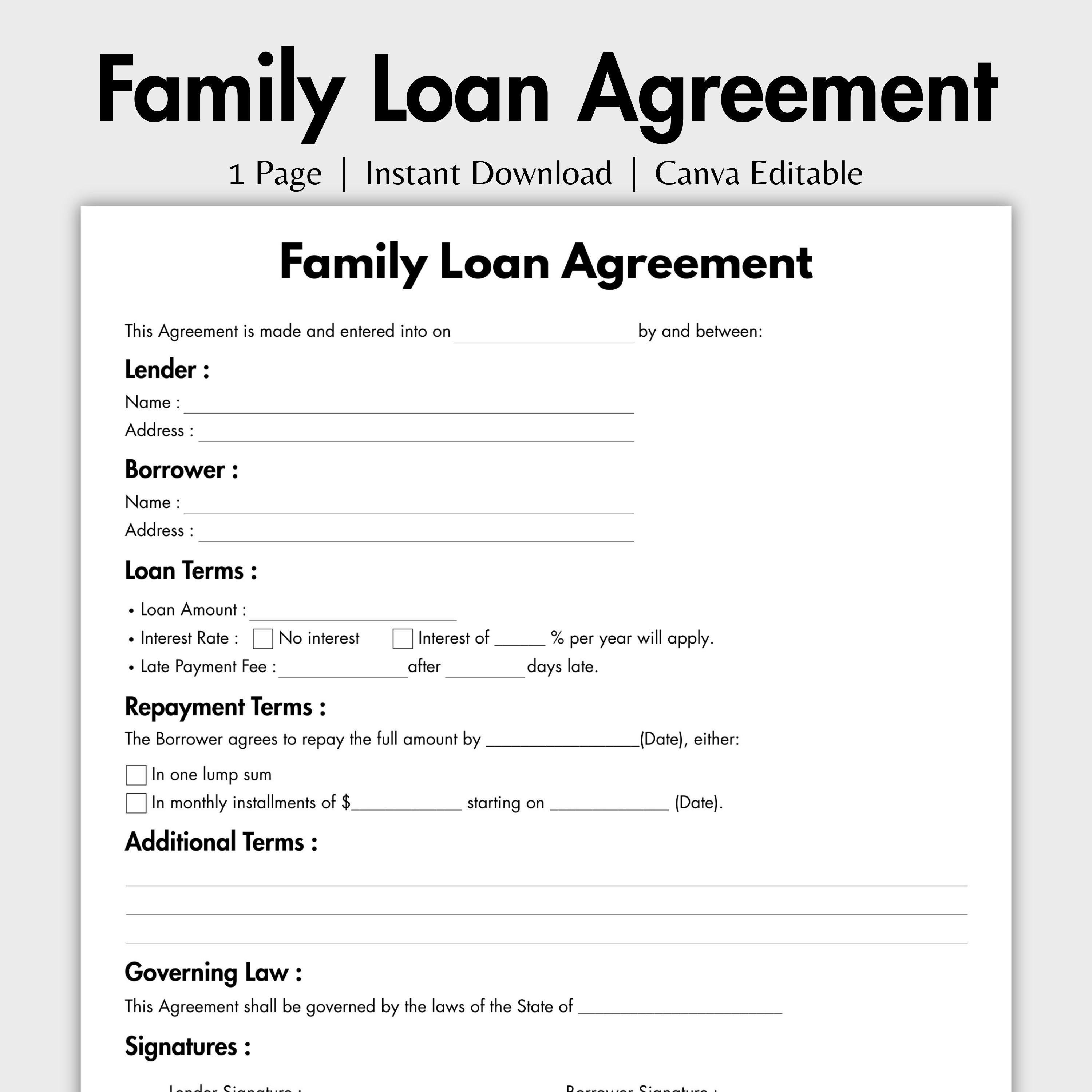 One Page Family Loan Agreement, Editable Family Loan Contract Form ...