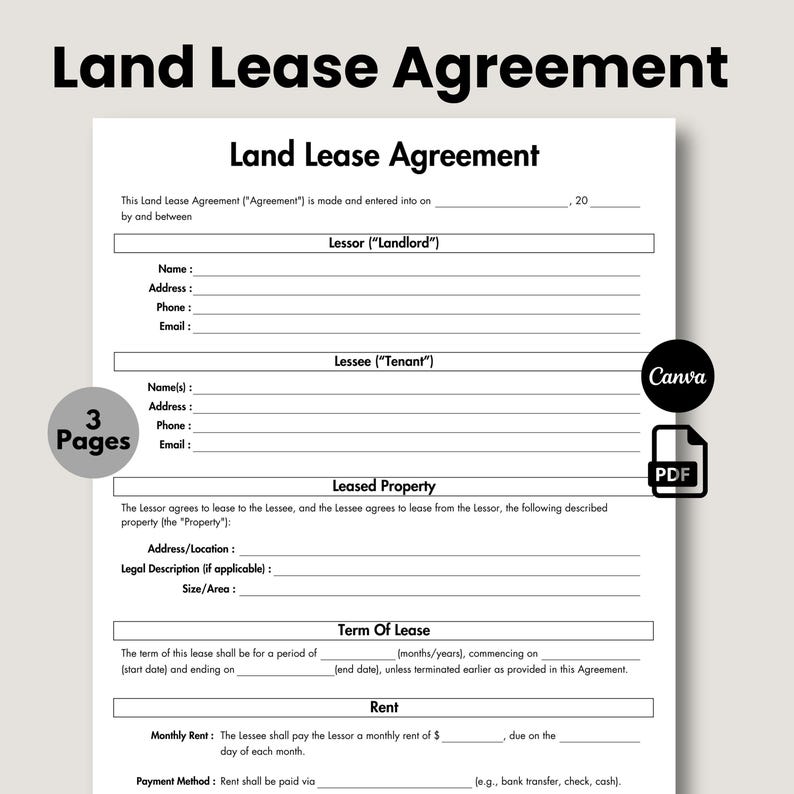 Land Lease Agreement Template, Printable & Editable Land Rental ...