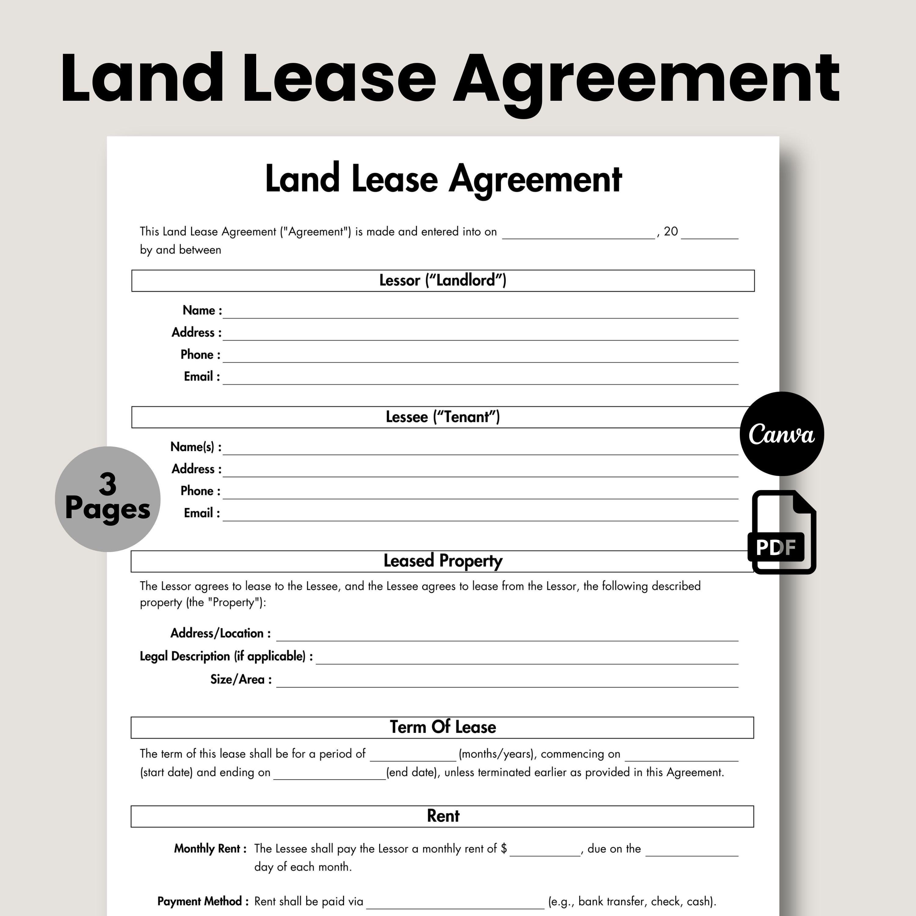 Land Lease Agreement Template, Printable & Editable Land Rental ...