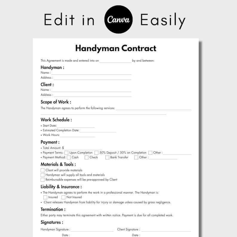 One Page Handyman Contract, Editable General Construction Contract Template, Printable Sub ...