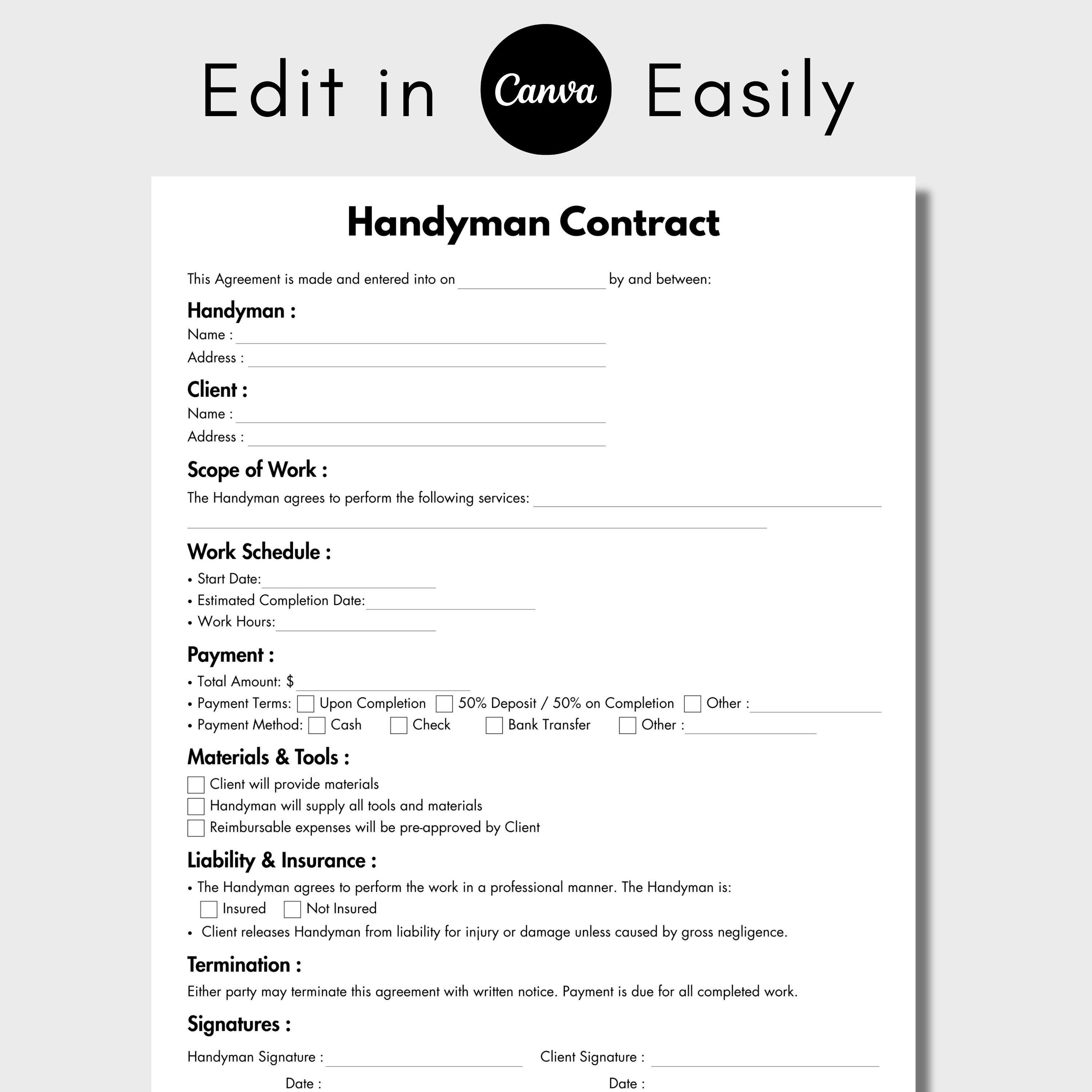 One Page Handyman Contract, Editable General Construction Contract ...