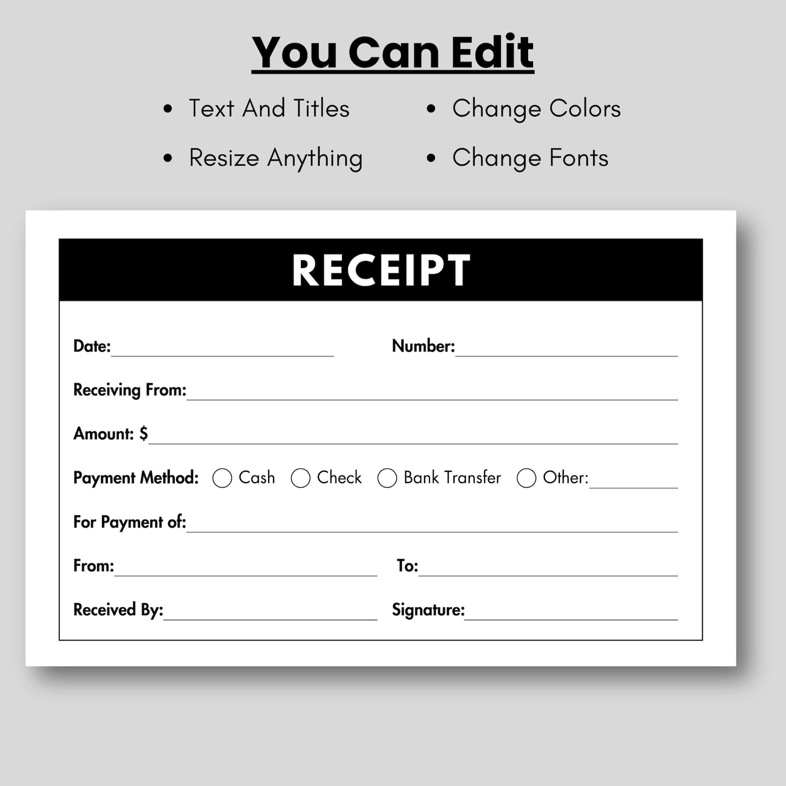 Receipt Template Black, Printable & Editable Customer Receipt, Simple ...