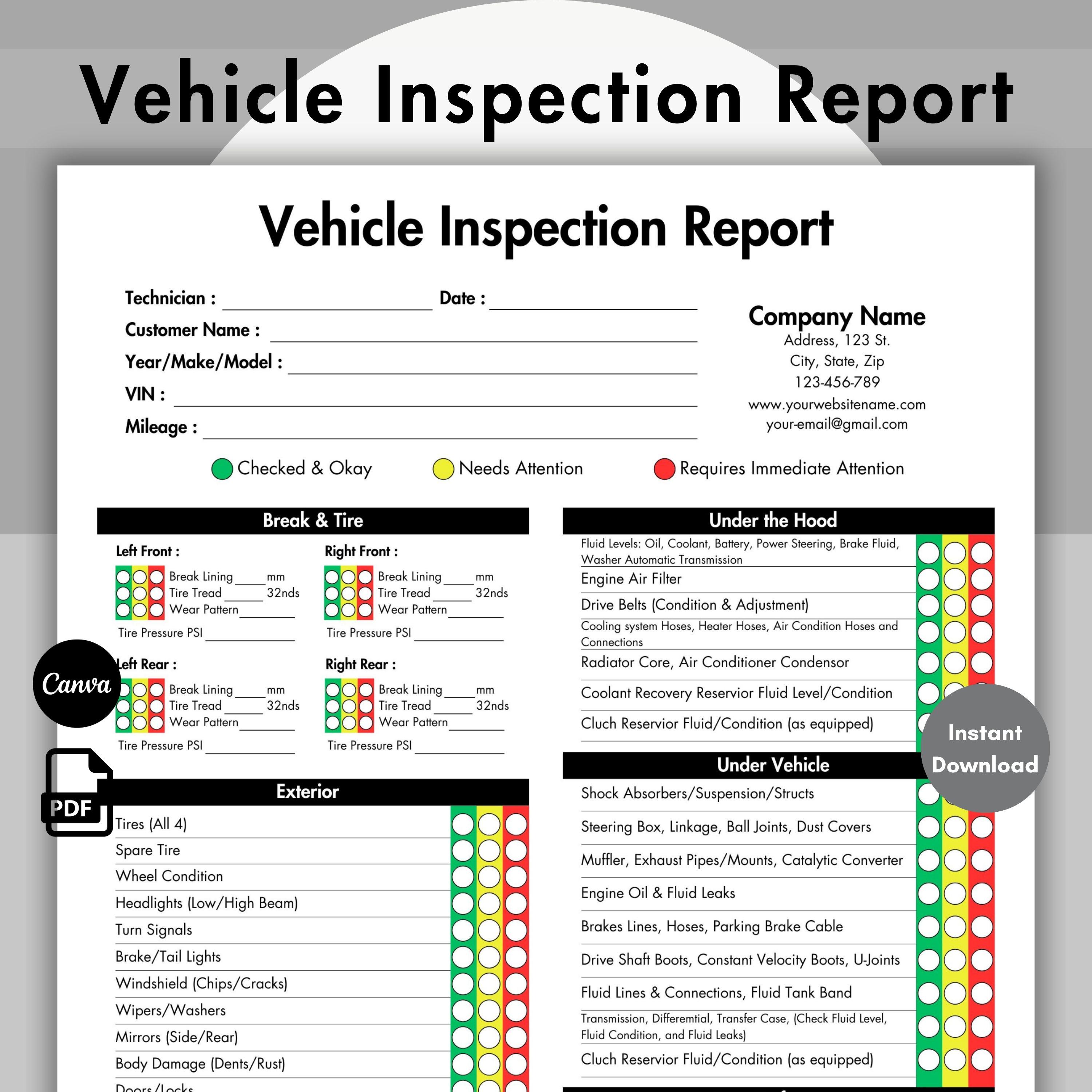 Editable Vehicle Inspection Report, Printable Car or Equipment Rental ...