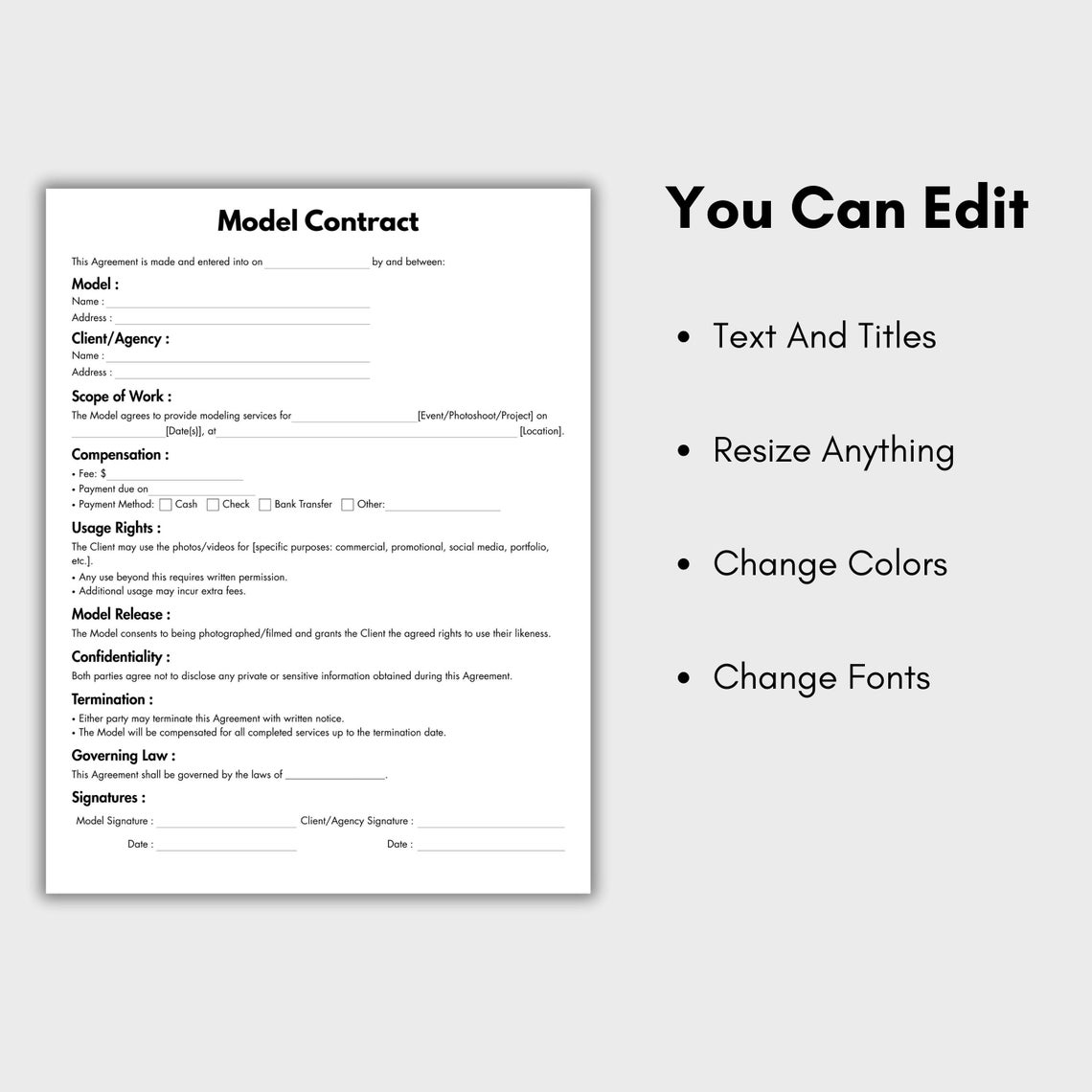 One Page Model Contract, Editable Modeling Services Form Template ...