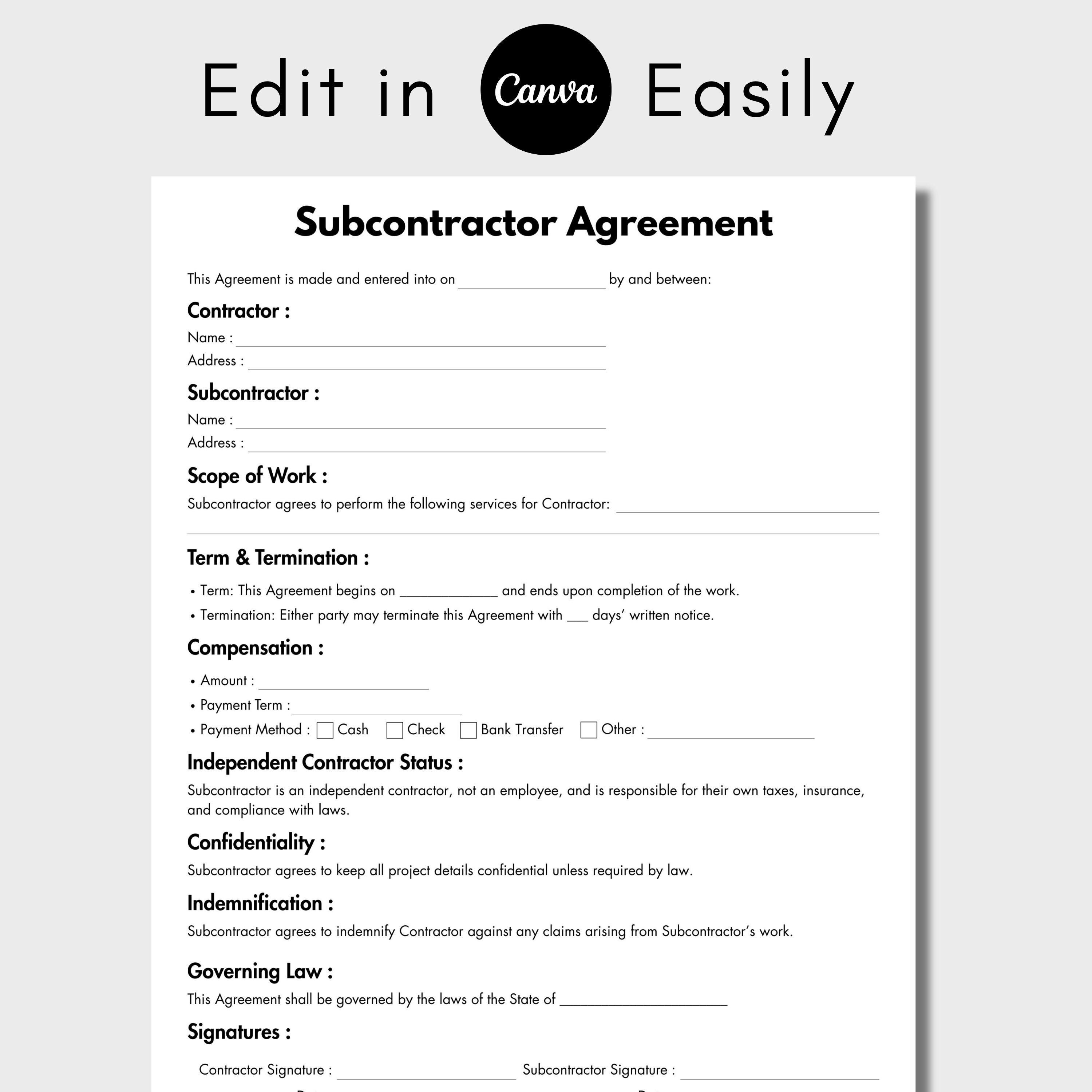 One Page Subcontractor Agreement, Editable Job Subcontractor Template ...