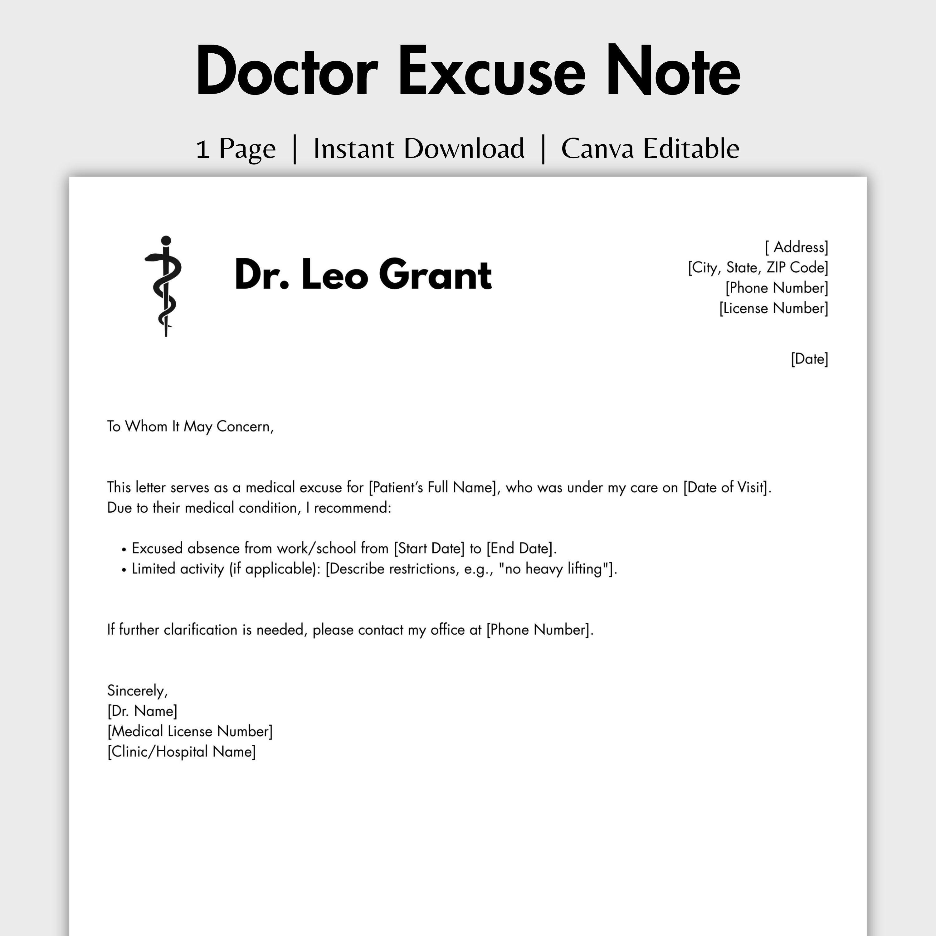 Editable Doctor Excuse Note, Printable Dr Note for Work Excuse Template ...