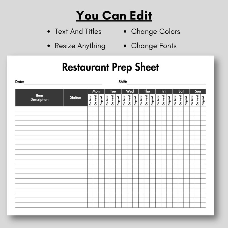 Restaurant Prep Sheet Template Black, Printable Restaurant Prep ...