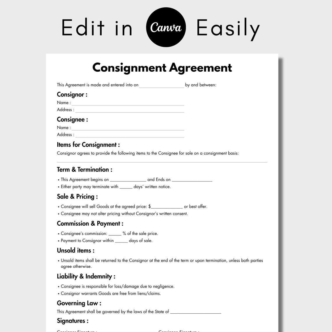 One Page Consignment Agreement, Editable Consignment Contract Form ...