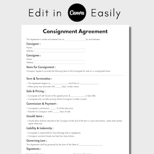 One Page Consignment Agreement, Editable Consignment Contract Form Template Canva, Printable ...