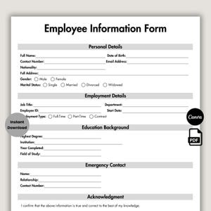 Employee Information Form Template, Editable HR Templates Employee Form ...