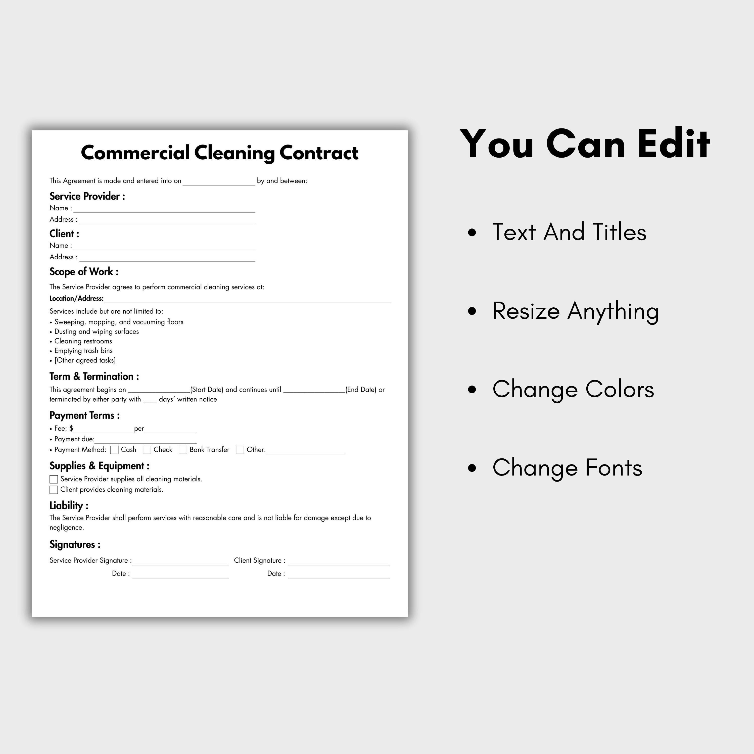 One Page Commercial Cleaning Contract, Editable Cleaning Agreement Form ...