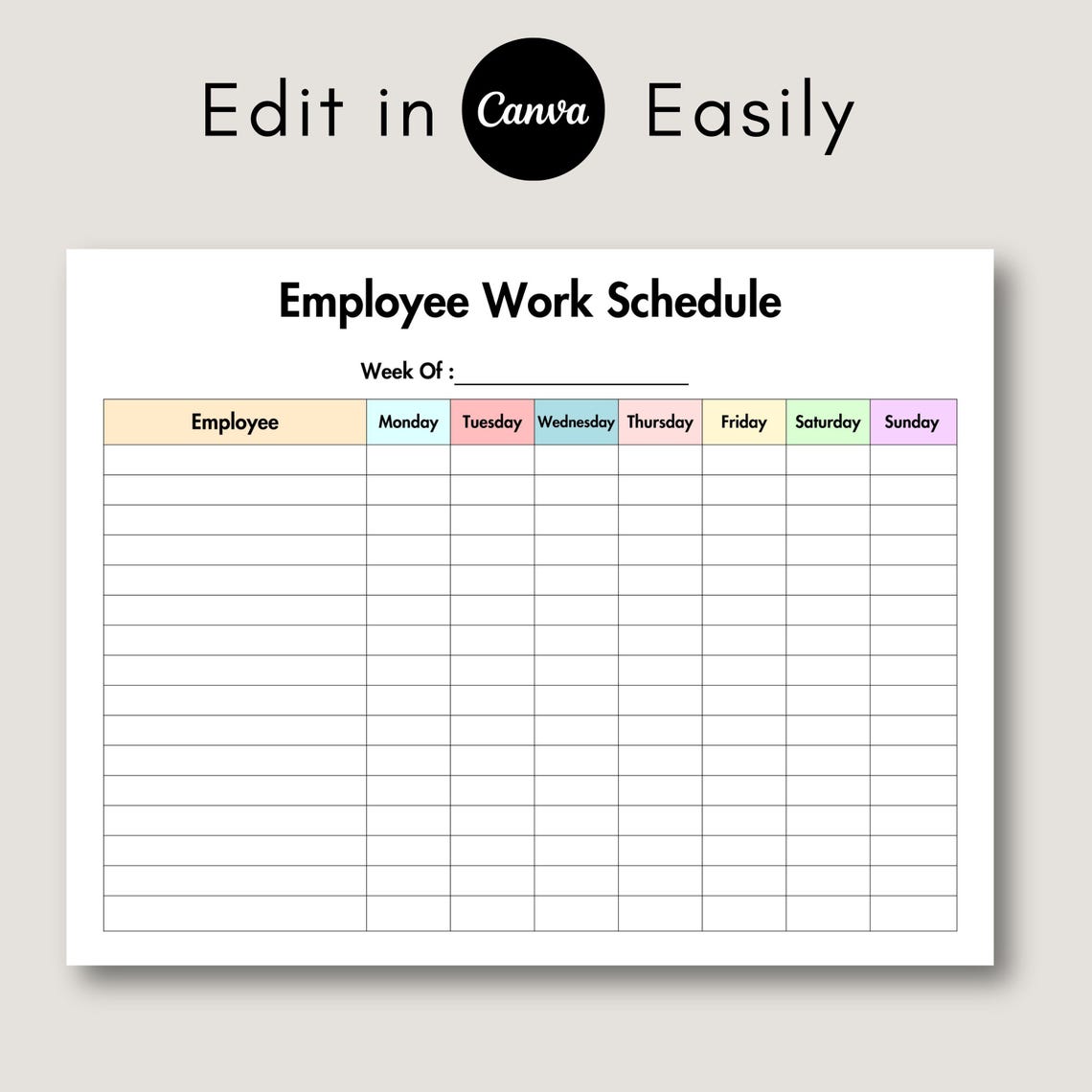 Editable Employee Work Schedule Printable, Employee Weekly Schedule ...