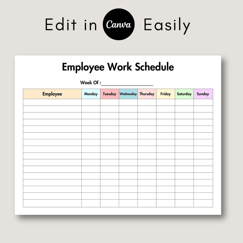 Editable Employee Work Schedule Printable, Employee Weekly Schedule ...
