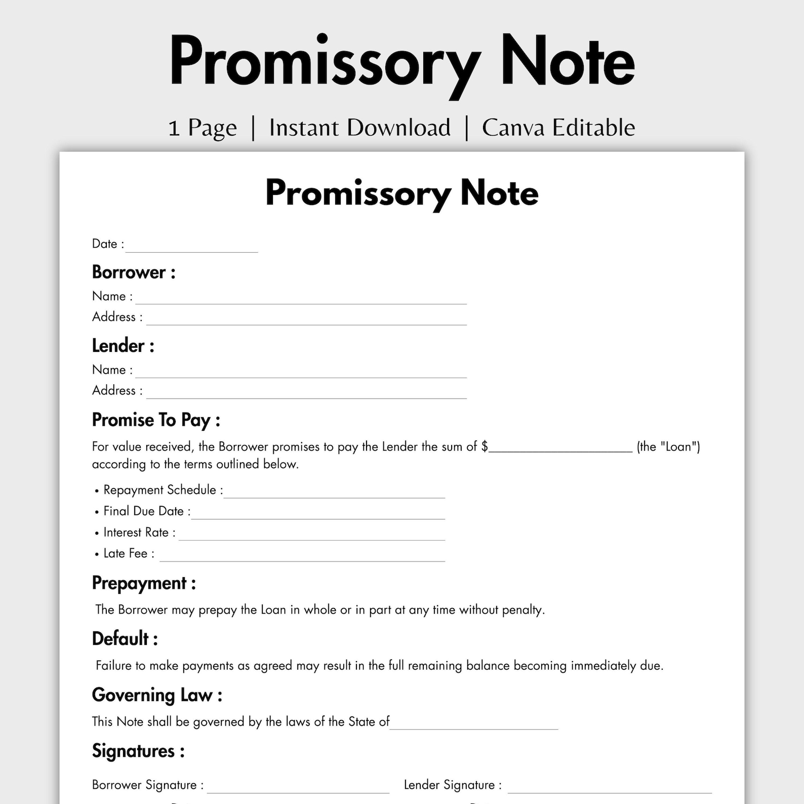 One Page Promissory Note, Editable Personal Loan Agreement Template ...