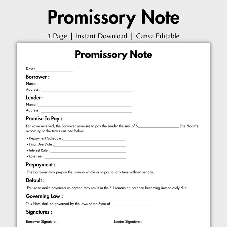One Page Promissory Note, Editable Personal Loan Agreement Template ...